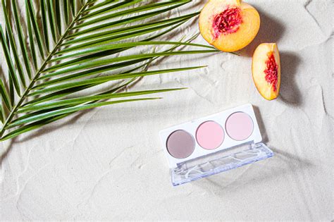 이 조각 팔레트는 활기찬 과일 산호 야자수 잎으로 둘러싸인 해변 모래위에 자리잡고 있습니다 0명에 대한 스톡 사진 및 기타 이미지 Istock