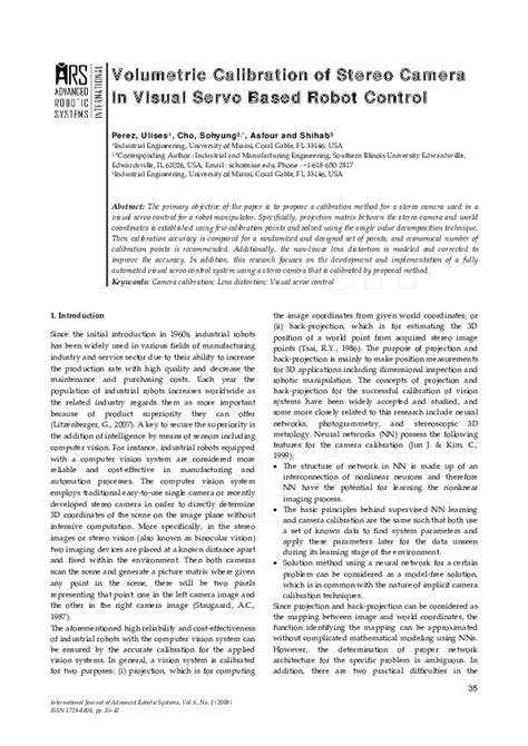 Pdf Volumetric Calibration Of Stereo Camera In Visual Servo Based Robot Control Aung Win