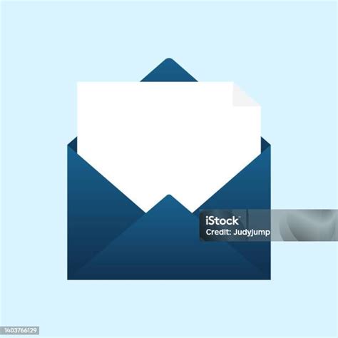 파란색 봉투에 흰색 종이 문서가 있는 봉투를 엽니다 새 편지 서신 발송 색상 배경에 고립 된 평면 그림 뉴스레터에 대한 스톡