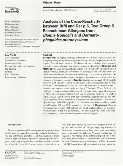 Pdf Analysis Of The Crossreactivity Between Btm And Der P 5 Two