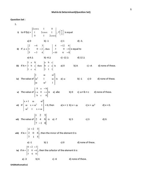 Matrix And Determinant Question Set Download Free Pdf Matrix