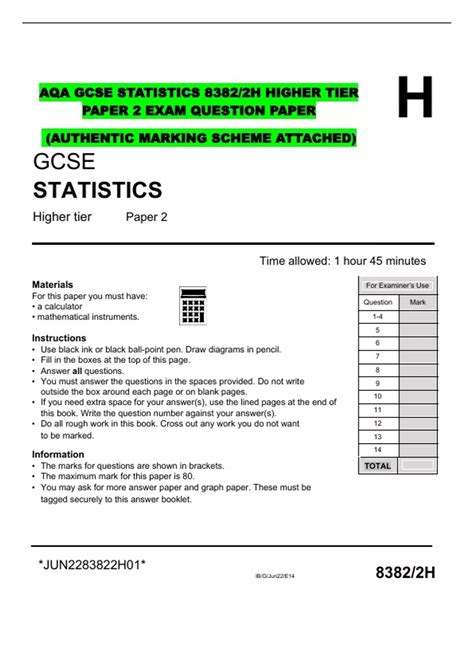Aqa Gcse Statistics 8382 2h Higher Tier Paper 2 Exam Question Paper