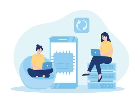 Two Women Backing Up Database Via Laptop Concept Flat Illustratiuon