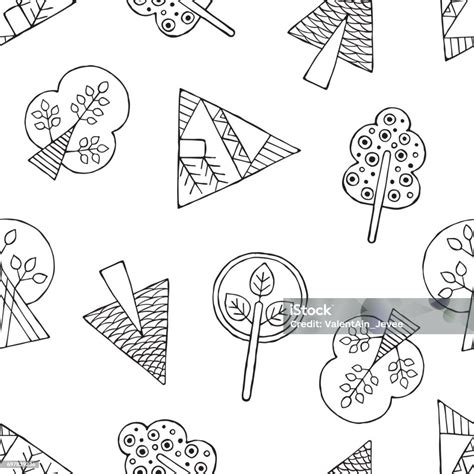 벡터 손으로 그려진된 완벽 한 패턴 장식 양식된 흑인과 백인 어린 나무 낙서 스케치 스타일 그래픽 일러스트 레이 션 배경 장식 귀여운 손 그림입니다 선 도면입니다 가을에