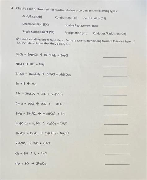 Solved 4 Classify Each Of The Chemical Reactions Below
