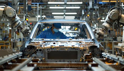 Automated Car Assembly Line With Worker And Robotic Arms 52749318 Stock