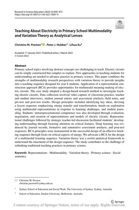 Pdf Teaching About Electricity In Primary School Multimodality And Variation Theory As