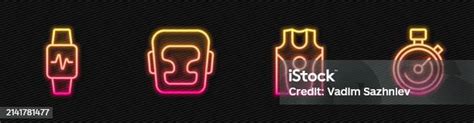 세트 라인 복싱 저지와 티셔츠 하트가 달린 스마트 시계 헬멧 스톱워치 빛나는 네온 아이콘입니다 벡터 T 셔츠에 대한 스톡 벡터 아트 및 기타 이미지 Istock