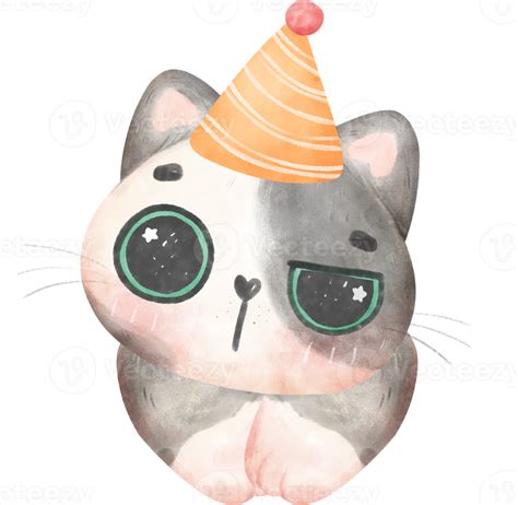 Cute Playful Birthday Cat Face Celebrating Party Cartoon Watercolor