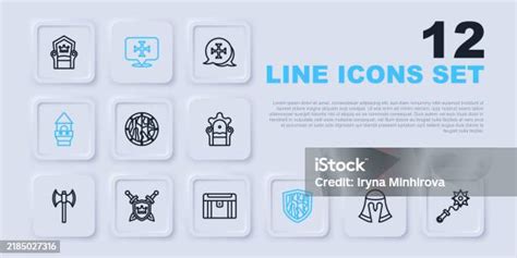 세트 라인 중세 투구 스파이크가 있는 철퇴 둥근 나무 방패 방패 성탑 검 십자군 및 골동품 보물 상자 아이콘 벡터 건축에 대한 스톡 벡터 아트 및 기타 이미지 Istock