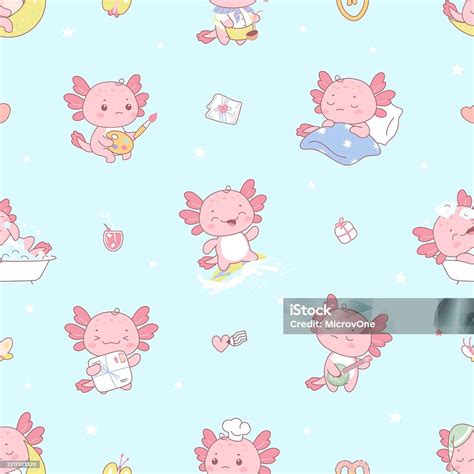 Axolotl 완벽 한 패턴 장식적인 아기 배경 직물 또는 벽지를 위한 재미난 분홍색 만화 Axolotls로 인쇄하십시오 멕시코 도롱뇽 Nowaday 벡터 배경 귀여운에