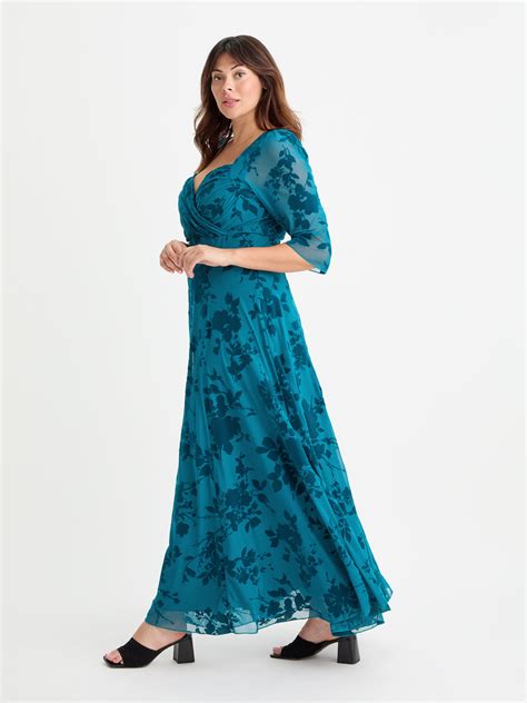 Elizabeth Teal Flocked Mesh Maxi Gown Scarlett And Jo