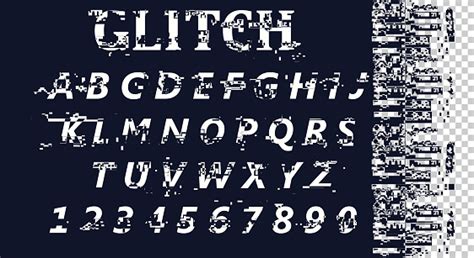 벡터는 왜곡 된 결함 폰트입니다 최신 유행 스타일 글자 서체입니다 A에서 Z와 숫자 0에서 9 라틴 편지 컴퓨터 화면 오류 컴퓨터 글자에 대한 스톡 벡터 아트 및 기타