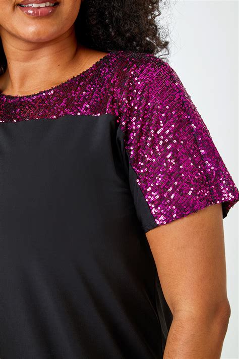 Fuchsia Curve Sequin Embellished Stretch Top Roman Uk