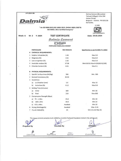 Test Certificate Dalmia Cement Pdf
