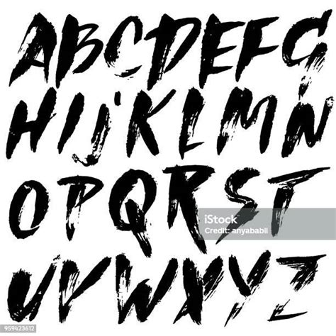 그런 지 조 난 폰트입니다 현대 건조 브러시 잉크 편지입니다 필기체 알파벳입니다 벡터 일러스트입니다 컴퓨터 글자에 대한 스톡 벡터 아트 및 기타 이미지 Istock