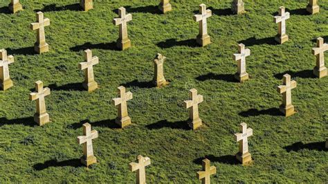 War Memorial Cemetery With Numerous Crosses In Green Field Stock