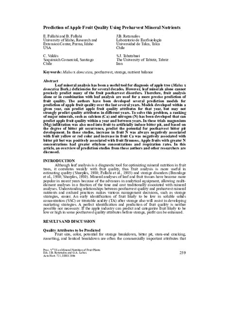 Pdf Prediction Of Apple Fruit Quality Using Preharvest Mineral Nutrients
