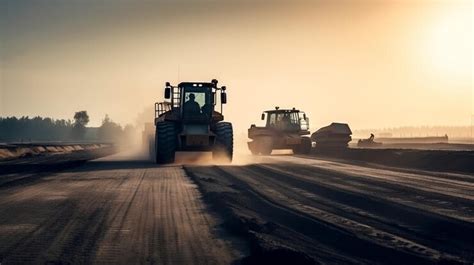 건설 현장에서 신선한 아스팔트 포장 도로 건설 직원과 도로 건설 기계를 설치하고 있는 장면 Generative Ai를 사용하는