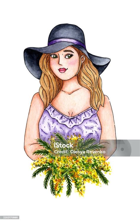 손에 미모사 꽃다발을 들고 모자를 쓴 소녀의 수채화 그림 세계 여성의 날을 위해 노란 꽃을 든 여자 흰색 배경에 고립되어 있습니다 손으로 그린 것입니다 8에 대한 스톡 벡터