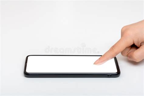 Mockup Cell Phone Lies On Table And Woman S Hand Tapping Screen Hand With Finger On Blank