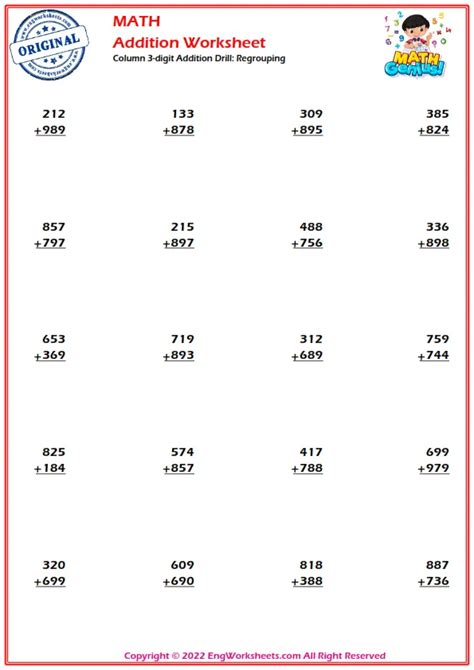 Column 3 Digit Addition Drill Regrouping Worksheets And Exercise
