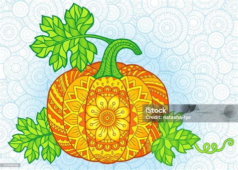 벡터 일러스트레이션 상세한 패턴이있는 만다라 스타일의 밝은 할로윈 호박 호박 조롱박과 식물에 대한 스톡 벡터 아트 및 기타 이미지 호박 조롱박과 식물 화려한 만다라