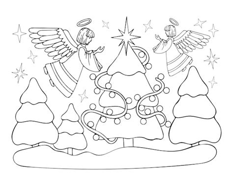 색칠하기 책 천사 크리스마스 전나무 라인 아트 가문비 나무에 베들레헴의 별 천사는 화환을 장식합니다 손으로 그린 벡터 흑백 그림 프리미엄 벡터
