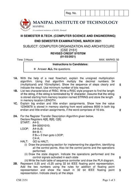 Computer Organization And Architecure Cse 2151 Reg No Cse 2151 Page 1 Of 3 Iii Semester B