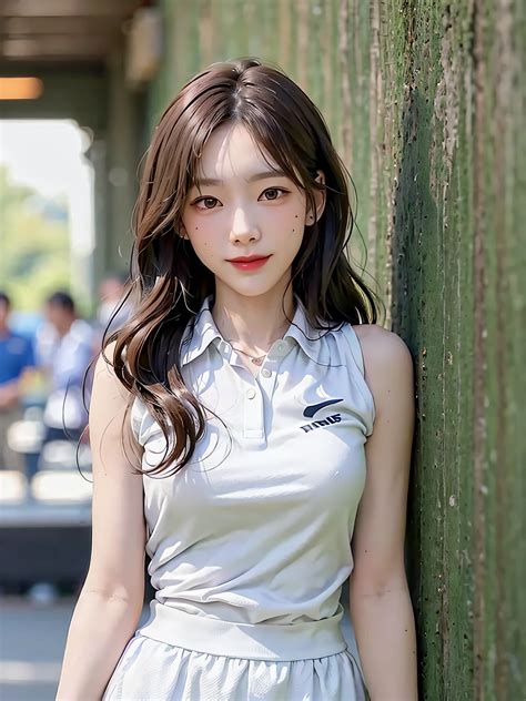 흰 드레스를 입고 벽에 기대고 있는 아시아 여성 Seaart Ai