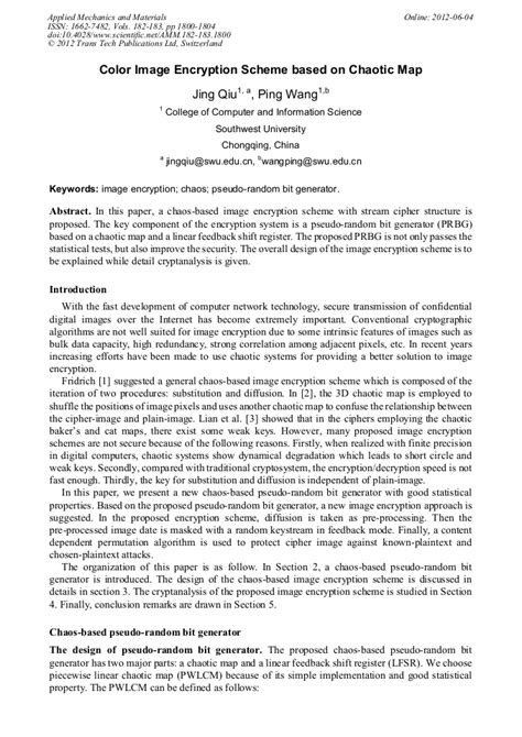 Color Image Encryption Scheme Based On Chaotic Map Scientificnet