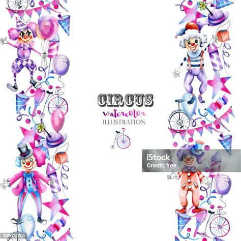 수채화 서커스 광대와 축제 요소 베이비 샤워 생일 카드 및 기타 디자인의 국경 공연자에 대한 스톡 벡터 아트 및 기타 이미지 공연자 공휴일 등장인물 Istock