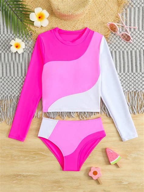 Shein Tween Girl Contrast Color Round Neck Long Sleeve Top And Swim