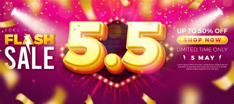 5 월 5 일 쇼핑일 플래시 세일 디자인 3d 55 번호 전구 광고판과 빨간 배경에 떨어지는 색종이 조각 벡터 특별 제공 50 할인 캠페인 할인 일러스트 쿠폰 바우처 배너