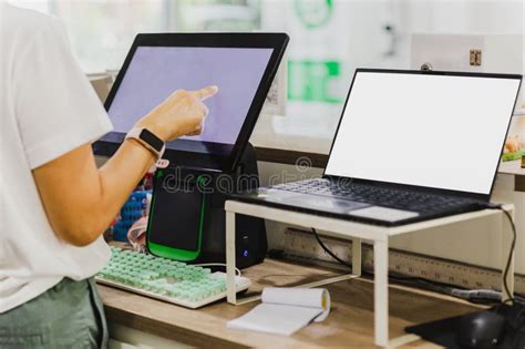 Woman Hand Touching Computer Creen At Cashier Counter Stock Image