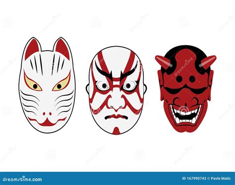 Three Kabuki Masks Isolated On A White Background Stock Vector Illustration Of Isolated Evil