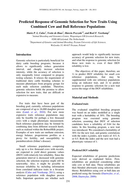 Pdf Predicted Response Of Genomic Selection For New Traits Using