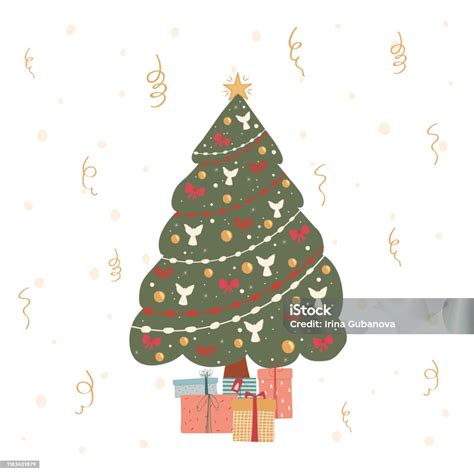 플랫 스타일의 선물로 크리스마스 트리를 장식했습니다 인사 엽서 배너 포스터 크리스마스 트리와 그림 벡터 겨울에 대한 스톡 벡터 아트 및 기타 이미지 Istock