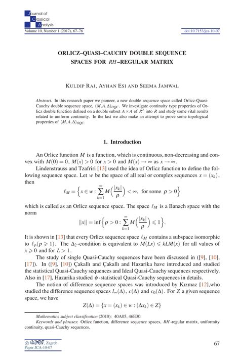 Pdf Orlicz Quasi Cauchy Double Sequence Spaces For Rh Regular Matrix