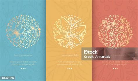 원 모양에 잎이 있는 엠블럼 의 벡터 집합입니다 보석 미용 및 패션 산업에 사용할 수 있습니다 로고 모노그램 초대 전단지 메뉴 배경 또는 원하는 아이디어에 적합합니다 웰빙에