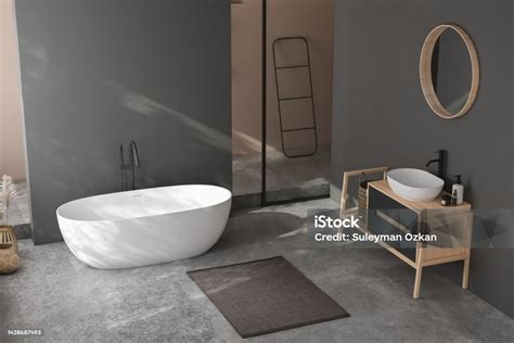 현대적인 미니멀리스트 욕실 인테리어 현대적인 욕실 캐비닛 흰색 세면대 나무 화장대 인테리어 식물 욕실 액세서리 욕조 및 샤워기 검은색과 베이지색 벽 콘크리트 바닥 3d