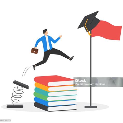 졸업 모자를 받기 위해 트램펄린에서 점프하는 학생 소년이 책을 들고 있습니다 교육 수준 개념입니다 개념에 대한 스톡 벡터 아트 및 기타 이미지 Istock