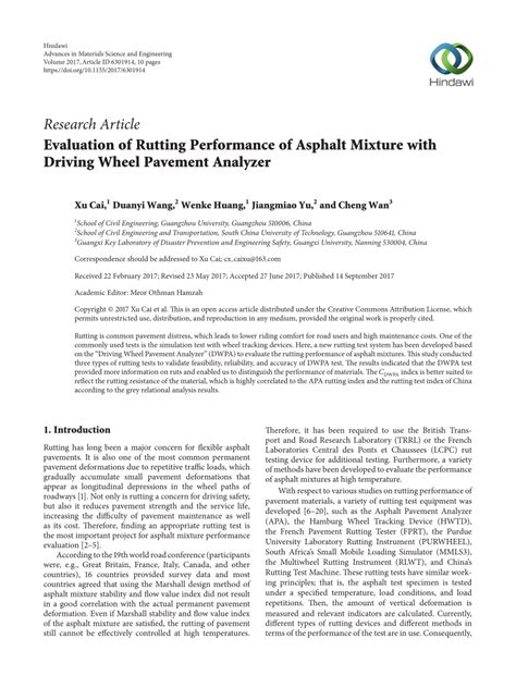 Pdf Evaluation Of Rutting Performance Of Asphalt Mixture With Driving Wheel Pavement Analyzer