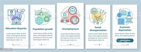 선형 개념으로 모바일 앱 페이지 화면을 온보딩하는 사회적 문제 실업 경제적 박탈 인구 증가는 그래픽 지침을 연습합니다 Ux Ui 아이콘이 있는 Gui 벡터 템플릿 5에 대한