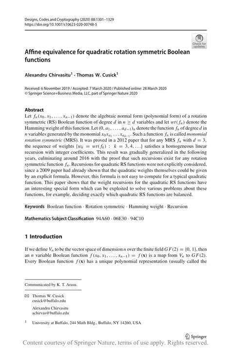 Affine Equivalence For Quadratic Rotation Symmetric Boolean Functions Request Pdf