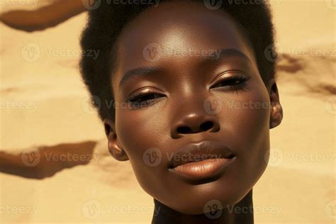 Portrait Of A Beautiful African American Woman With Dark Skin And Natural Make Up Ai Generated