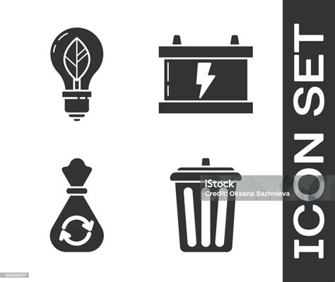 설정 휴지통 잎 전구 재활용 및 자동차 배터리 아이콘 쓰레기 봉투 벡터 개념에 대한 스톡 벡터 아트 및 기타 이미지 개념 깨끗한 녹색 Istock