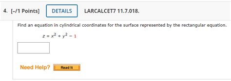 solved find an equation in cylindrical coordinates for the
