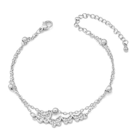 Pulseira Dupla Bolinhas Com Borboletas Central E Zircônias Folheado Ródio Branco Lunozê Joias