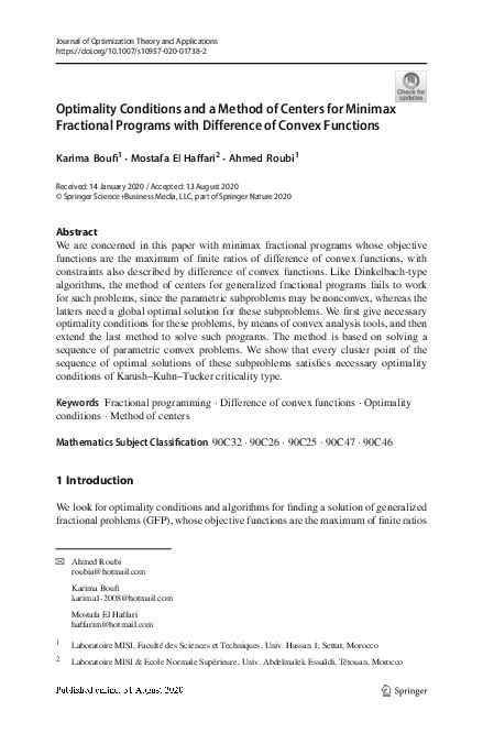 Pdf Optimality Conditions And A Method Of Centers For Minimax Fractional Programs With